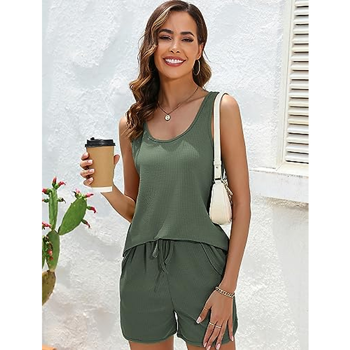 Andeip Womens Pajama Sets Sleeveless Tank Top and Shorts Two Piece Lounge Set Casual Nightwear Set Deep Green XL