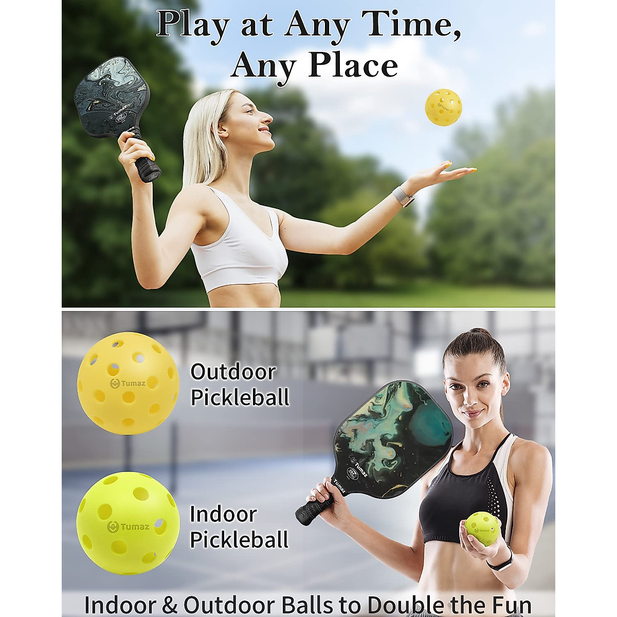 Tumaz Pickleball Paddles Set of 2, USAPA Approved Pickleball Set with Premium Honeycomb Core and Fiberglass Face Pickleball Rackets, 4 Pickle Balls, 2 Grip Tapes, and Portable Carry Bag Included