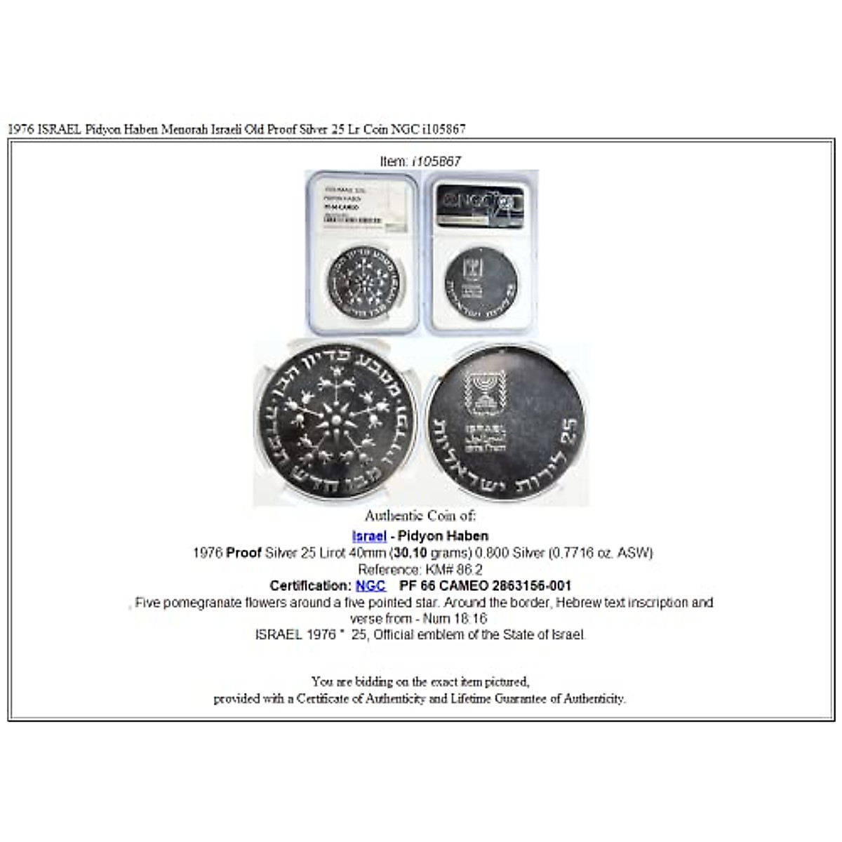 1976 IL 1976 ISRAEL Pidyon Haben Menorah Israeli Old Proo 25 Lirot PF 66 CAMEO NGC