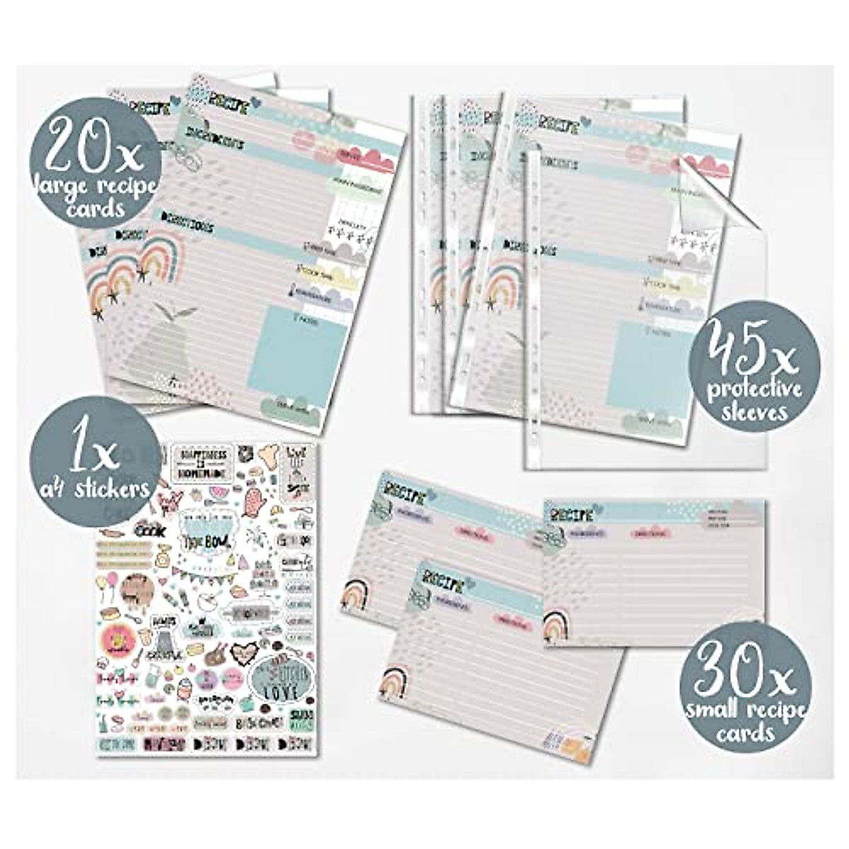 Balanchy Recipe Binder Refill Pages 30 4 x 6 Recipe cards, 20 x A4 Recipe Cards, 45 Page Protectors,1 Pc of A4 Stickers for 11 x 12 x 2.8 Inch 3 Ring Recipe Binder Kit