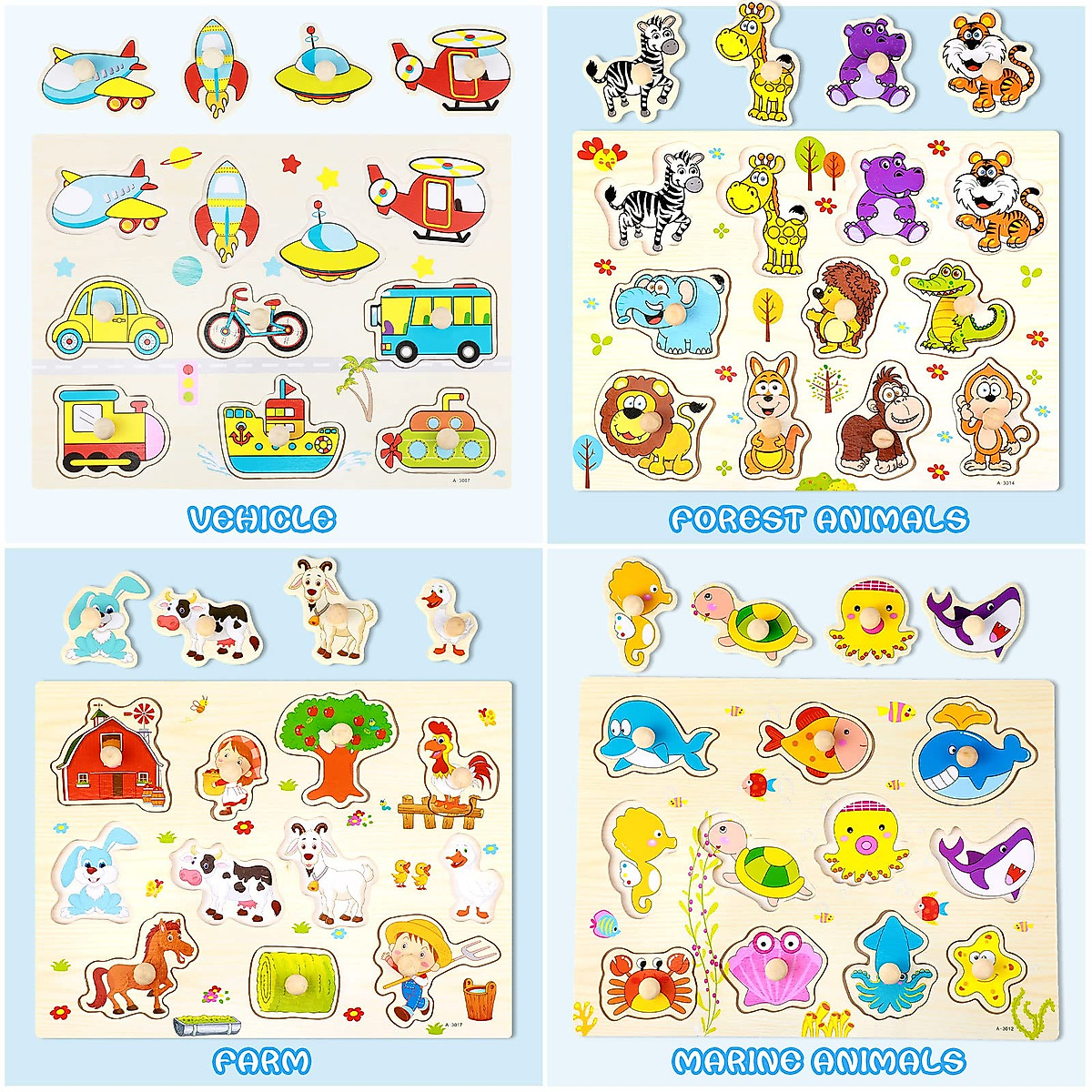 8 Set Wooden Peg Puzzles for Toddlers 2-4 Years Alphabet Number Animal Vehicles Puzzles Board for Kids Educational Learning Puzzles Toys for Children Babies Boys Girls (Lovely)