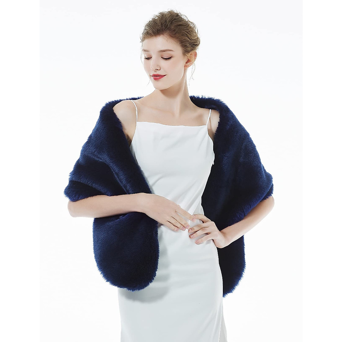 BEAUTELICATE Women's Faux Fur Shawl Stoles Wrap for Bridal/Wedding/Party-S62 Navy Blue, Navy Blue, 67"x14"