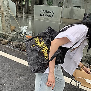 Crossbody Bags for Women Casual Denim Bags Embroidery Shoulder Bag Zipper Handbag Tote Ladies Messenger Bag (Black)