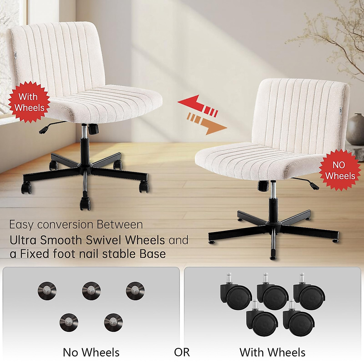 YFO Criss Cross Armless Home Office Chair with Replaceable Wheels/Fixed Base and Lumbar Support, Wide Seat Swivel Chair, Comfy Computer Chair, Beige