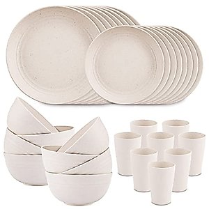 Supernal Wheat Straw Dinnerware Sets,Dinnerware Sets for 8,Microwave Dishwasher Safe,Unbreakable Dinnerware,Reusable Tableware Set,Beige Set 16pcs Plates, 8pcs Bowls, 8pcs Cups.