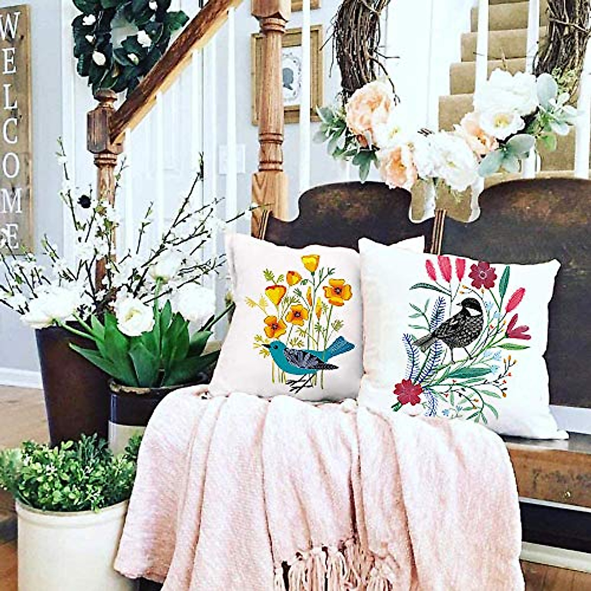CARRIE HOME Spring Outdoor Pillow Covers 18x18 Set of 4 Farmhouse Decorative Spring Bird and Flower Throw Pillow Covers for Patio Furniture and Couch