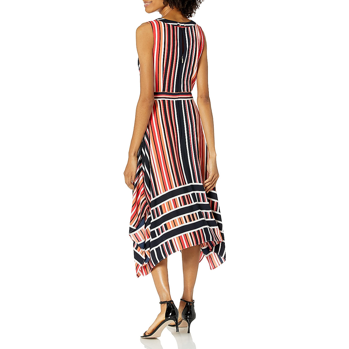 Karl Lagerfeld Paris Striped Hammered Crepe Asymmetrical Hem Midi Dress, Paradise Pink Multi, 10