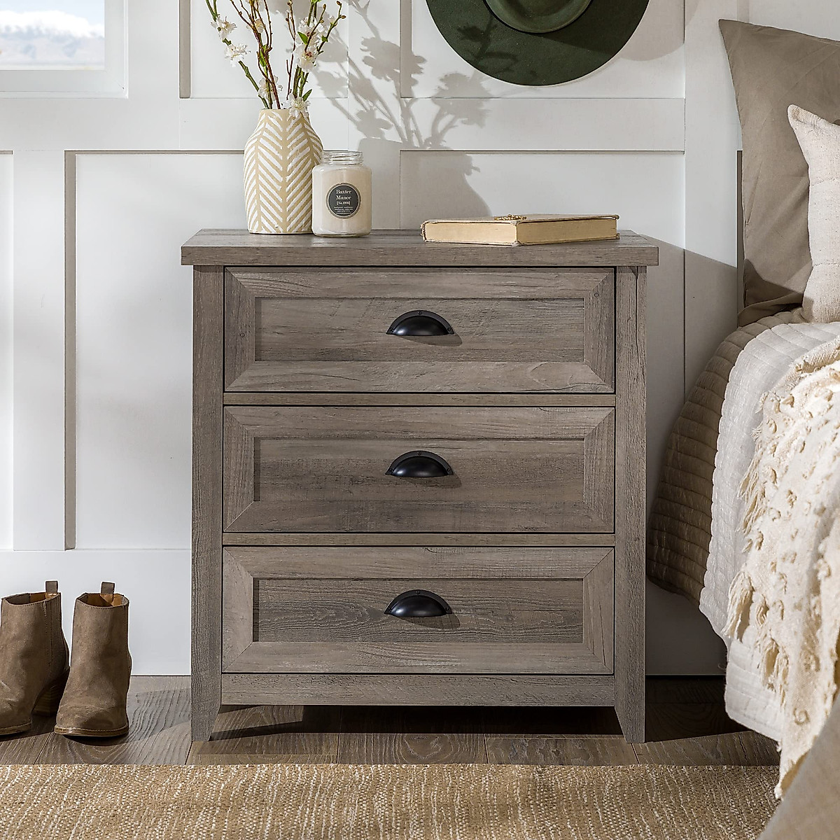 Walker Edison Hazel Modern Farmhouse 3 Drawer Framed Nightstand with Half-Moon Handles, 25 Inch, Grey Wash