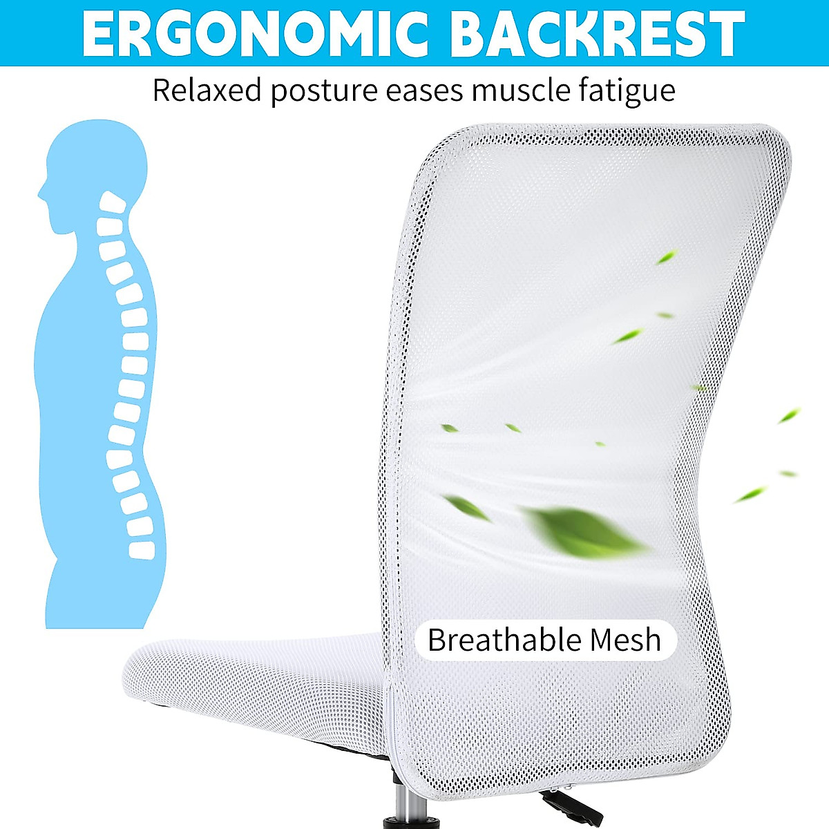 Armless Office Chair Ergonomic Desk Chair No Arms Mesh Computer Chair Adjustable Height Task Chair Rolling Swivel Chair Small Chair Executive Chair with Lumbar Support, White