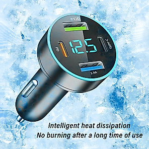 Car Charger,4-in-1 Super Fast Car Charger Adapter with Voltmeter & Blue LED,Universal PD+QC3.0+USB C Ports Car Cigarette Lighter USB Charger Compatible with iPhone Android (QC3.0+Type-C+PD+2.4A)