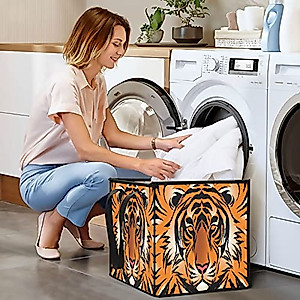 Kigai Striped Bengal Tiger Foldable Storage Basket Bin Closet Cubes Kids Toys Organizer Boxes for Nursery Home Drawer Storage Box Decorative,Hangable