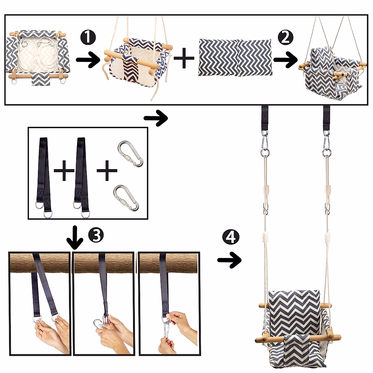 Toddler Baby Hanging Swing Seat Secure Canvas Hammock Chair with Soft Backrest Cushion - Installation Accessories Included