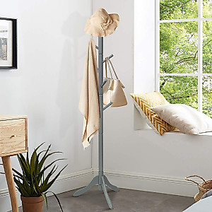 Tangkula Wooden Tree Coat Rack Freestanding, Entryway Coat Stand with 8 Hooks, Height Adjustable Coat Tree, Coat Hanger Stand for Home Office Hall Entryway