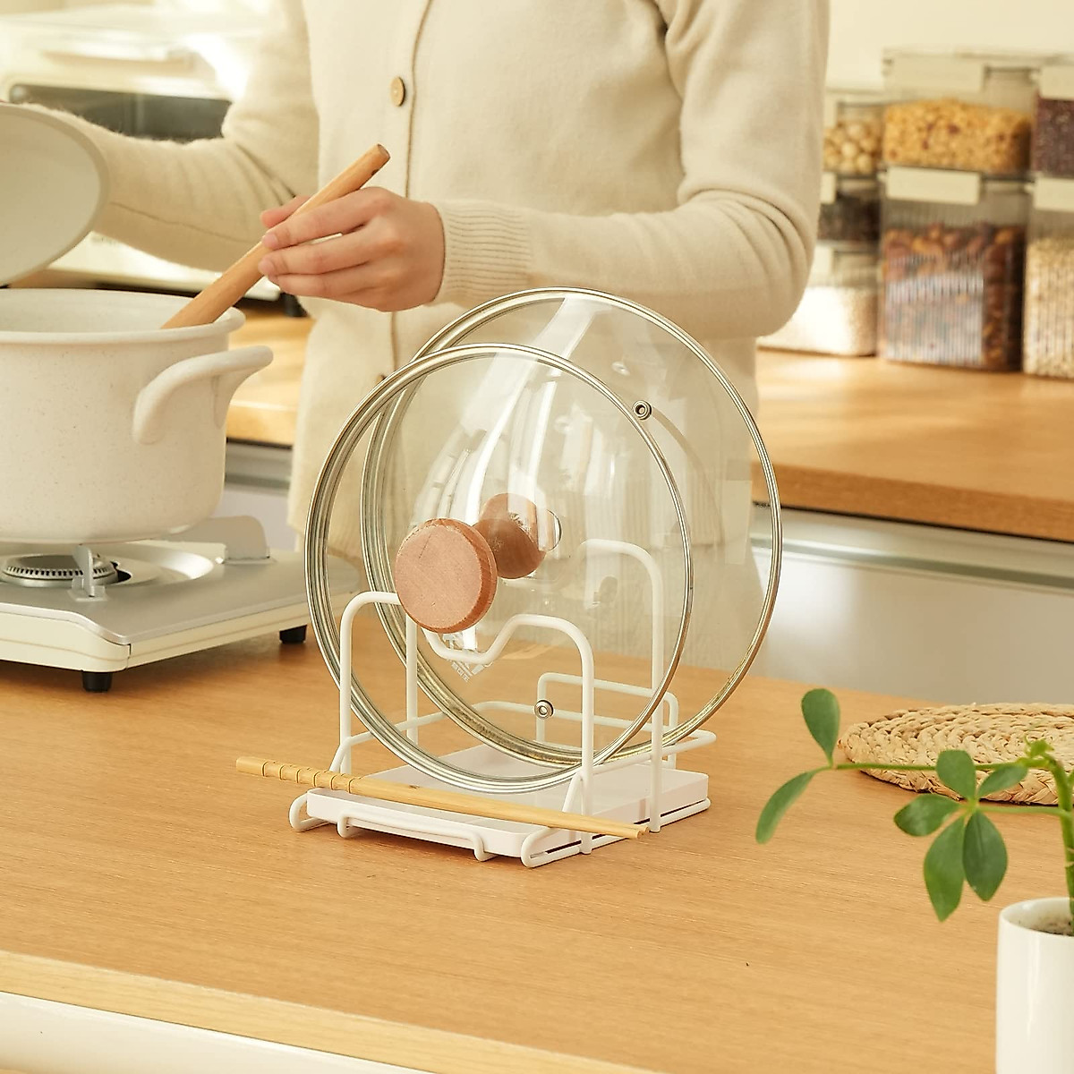 SUNFCON Upgraded Pot Pan Lids Holder Large Cookbook Stand Spoon Rest Cutting Board Rack Chopping Board Organizer Stand w Drip Tray Kitchen Countertop White