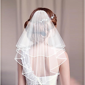 Echodo Bridal Wedding Veil White Double Ribbon Edge Center Cascade Bridal Veil with Comb Wedding Accessories