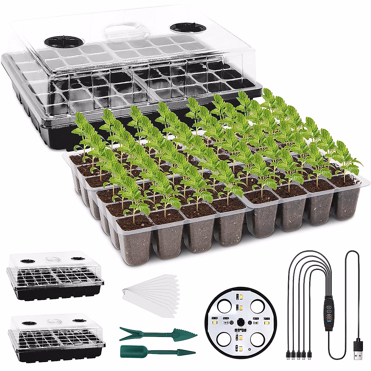 CANNABMALL 2 Packs Seed Starter Tray with Grow Light Samsung LM281B Diodes, Dimmable Seedling Starter Trays, 96 Cells Germination Trays Kit with Humidity Dome for Indoor Gardening Plant Black