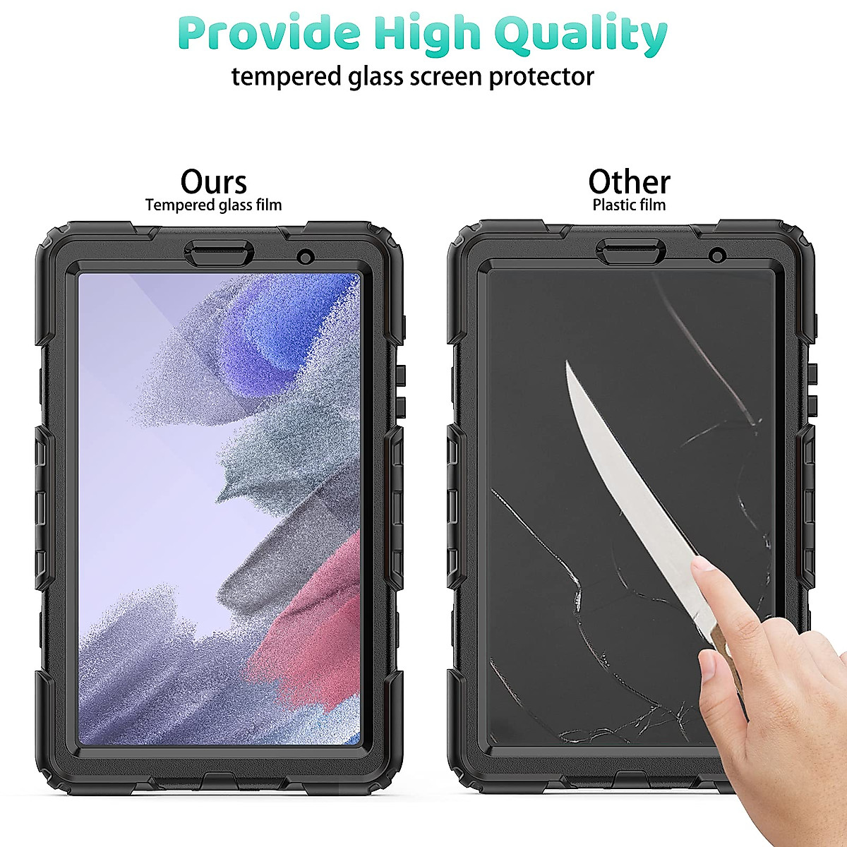 BLOSOMEET Case for Galaxy Tab A7 Lite 2021 8.7 Inch with Tempered Glass Screen Protector Pencil Holder, Kids Cover for Samsung Tablet A7 Lite SM-T225/T220/T227 with Hand Shoulder Strap Stand, Black