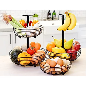 CAXXA 2 Tier Fruit Basket Bowl Kitchen Heavy Duty Wire Organizer, Black