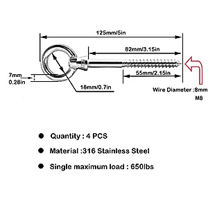 Abimars Marine Grade Hammock Hanging Kit by Load Capacity 650lbs, 316 Stainless Steel Hammock Hooks for Hammock Stand, Yoga & Brazilian Hammocks, Swing Chair, Indoor & Outdoor (4 Pack)