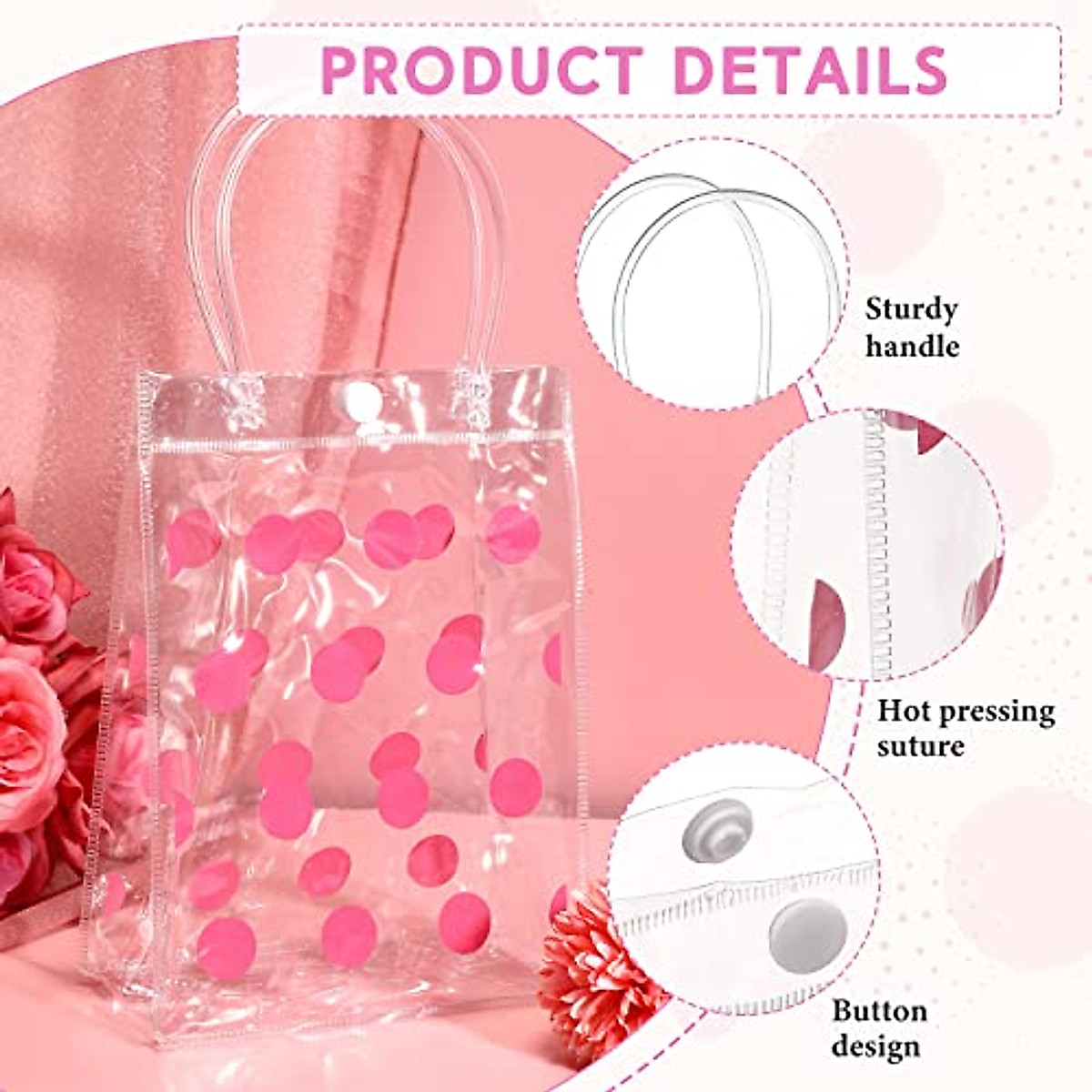 Silkfly 24 Pcs Clear Gift Bag with Handles Wedding Reusable Plastic Small Gift Bag with Polka Dot PVC Gift Wrap Bag for Party Favor Christmas Wedding Birthday(5.9 x 7.9 x 2.8 Inch,Pink)