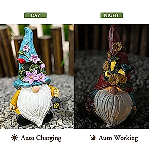AOC 2pcs Garden Gnome Solar Statue, 10.2 Inch Resin Gnomes Figurine with Solar Powered Lights Funny Gnomes Garden Decorations, for Outdoor Patio Yard Lawn Backyard Decor