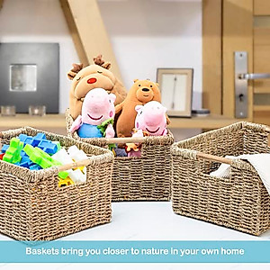 Large Wicker Storage Basket with Wooden Handles, Seagrass Baskets for Shelves, Natural Basket With Handle, Wicker Baskets for Storage 14.5 x 10.3 x 7.5 inches