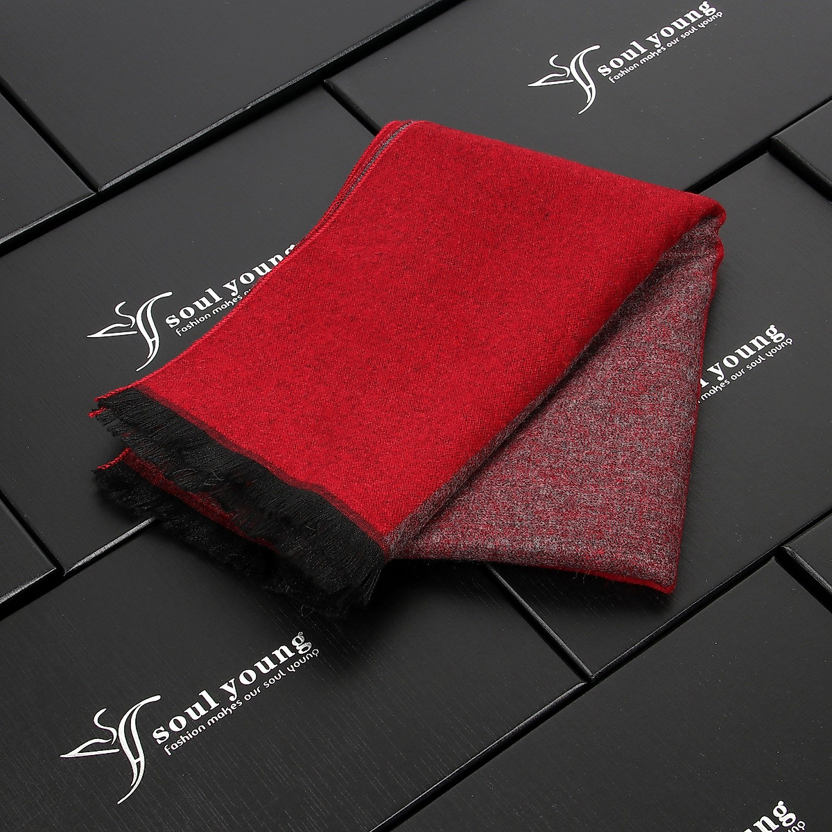 sy soul young Long Cotton Scarf for Men - Warm Fringe Plaid Scarves With Luxurious Gift Box(Burgendy)