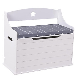 Wooden Toy Box with Seating Bench White Kids Toy Chest with Safety Hinged Lid Large Storage Cabinet with Cushion Seat Bench Toy Storage Organizer Gift for Girls and Boys