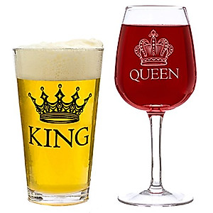 King Beer & Queen Wine Glass Set | Beautiful Gift for Newlyweds, Engagements, Anniversaries, Weddings, Parents, Couples, Christmas - Novelty Drinking Glassware (King Beer & Queen Wine Glass Set)