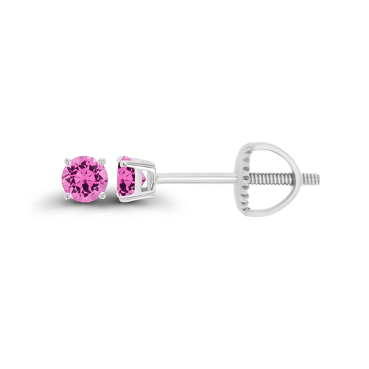 Solid 14K White Gold 3mm Round Created Pink Sapphire Birthstone Screwback Stud Earrings