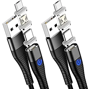 YKZ Magnetic Charging Cable [ 2-Pack 3.3FT & 6.6FT], 3 in 1 Magnet USB Charger Cord for Type C/Micro USB and i-Product's Laptop, Tablet, Phone, and More Devices, Support Fast Charging and Sync