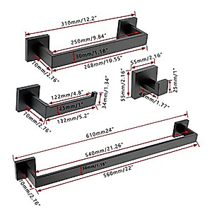 MOLAPA Matte Black Bathroom Hardware Accessories Set, Include 24 Inch & 12.2 Inch Towel Bars, 4-Pieces Complete
