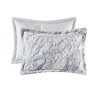 Madison Park Lana Soft Plush Comforter Set, Long Faux Faux Fur Marble Pattern, Faux Mink On The Reverse, Modern All Season Down Alternative Bedding Set with Matching Sham, King, Grey/Blue 3 Piece