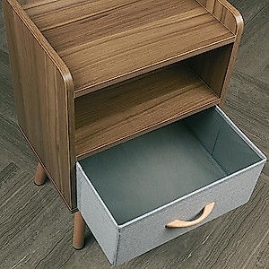LUCKNOCK NightStand with Fabric Drawer, Bedside Table with Solid Wood Legs, Minimalist and Practical End Side Table with Open Storage Shelf for Bedroom,Walnut.