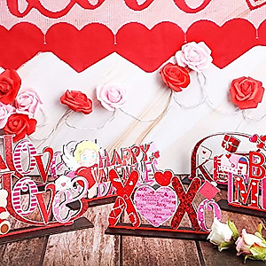 Jetec 7 Pieces Valentine's Day Table Decorations Set Wooden Heart Table Centerpiece Love Wood Sign with LED Rose Lamp String Light Valentine Decorations for Home Anniversary Wedding Party Decors