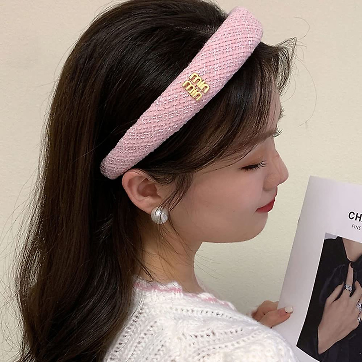 Yazon 3pcs Padded Headbands for Women Girls Solid Fabric Hairbands White Pink Blue Hair Hoops Hair Accesorries (Model B)