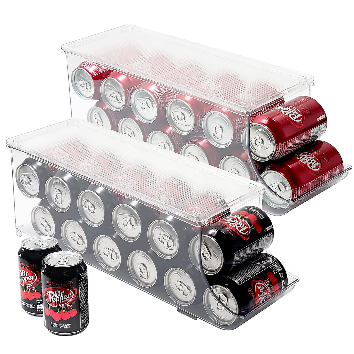 Stackable Soda Can Organizer for Refrigerator (12 Cans), Drink Organizer for Fridge, Pantry, Countertop, Cabinet with Lid, Clear Plastic Canned Food Pantry Storage Rack, 2 Pack