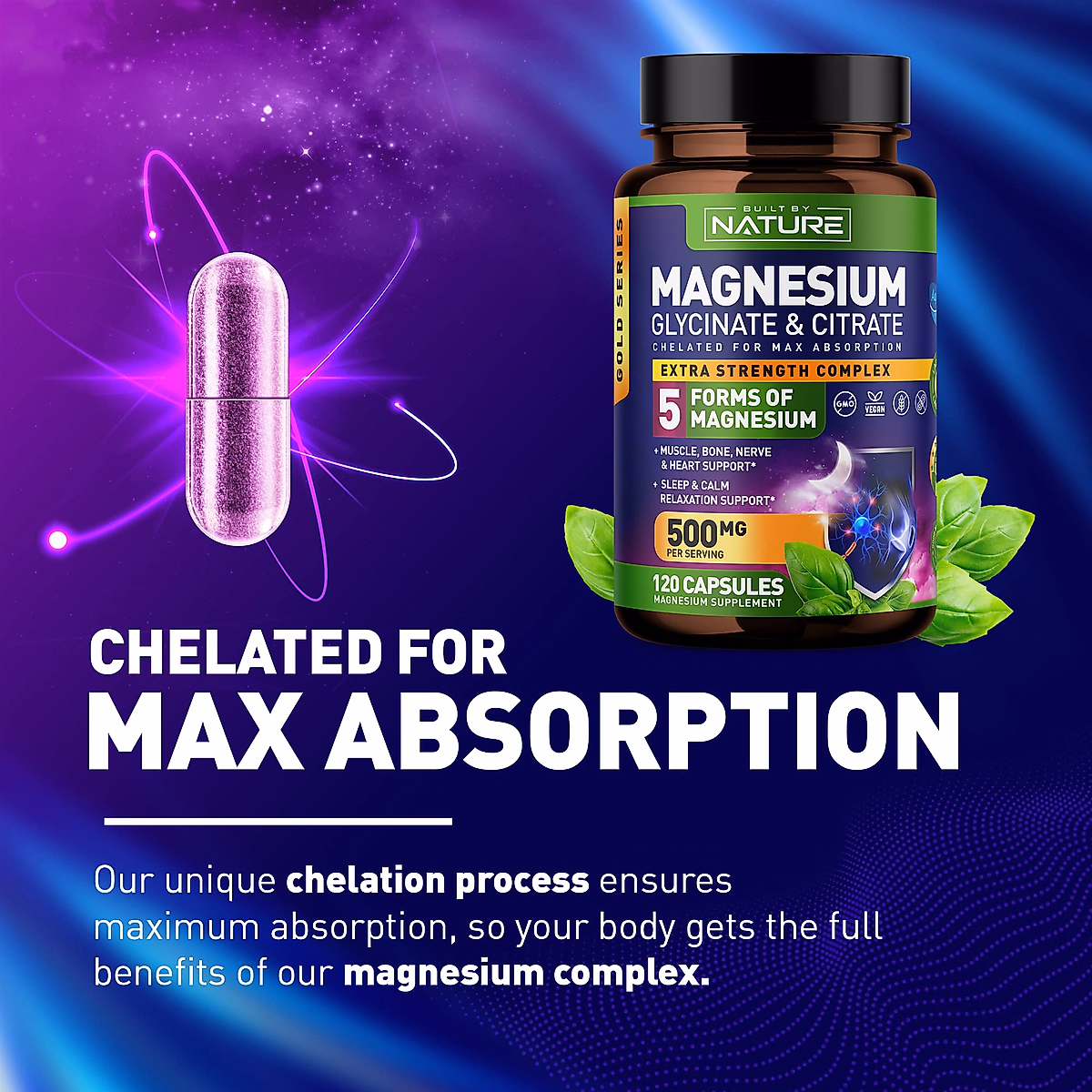 Magnesium Complex 500mg - 5 Forms of Magnesium Glycinate, Citrate, Malate, Oxide & Aquamin with 72 Trace Minerals - Chelated for Absorption - Supplement for Muscle, Nerve, Heart & Sleep (120 Capsules)