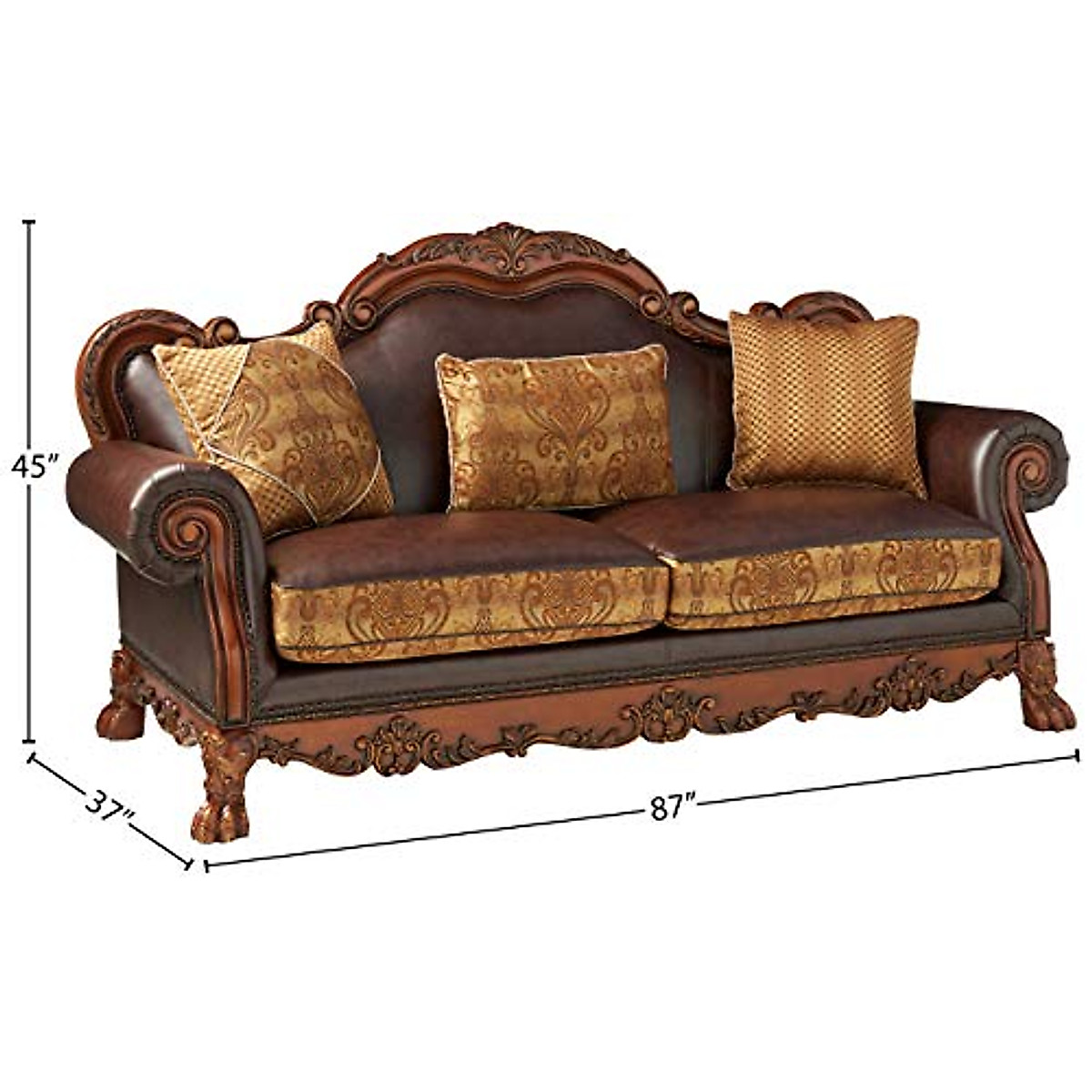 ACME Dresden Sofa w/3 Pillows - 15160 - Brown PU & Chenille - Cherry Oak