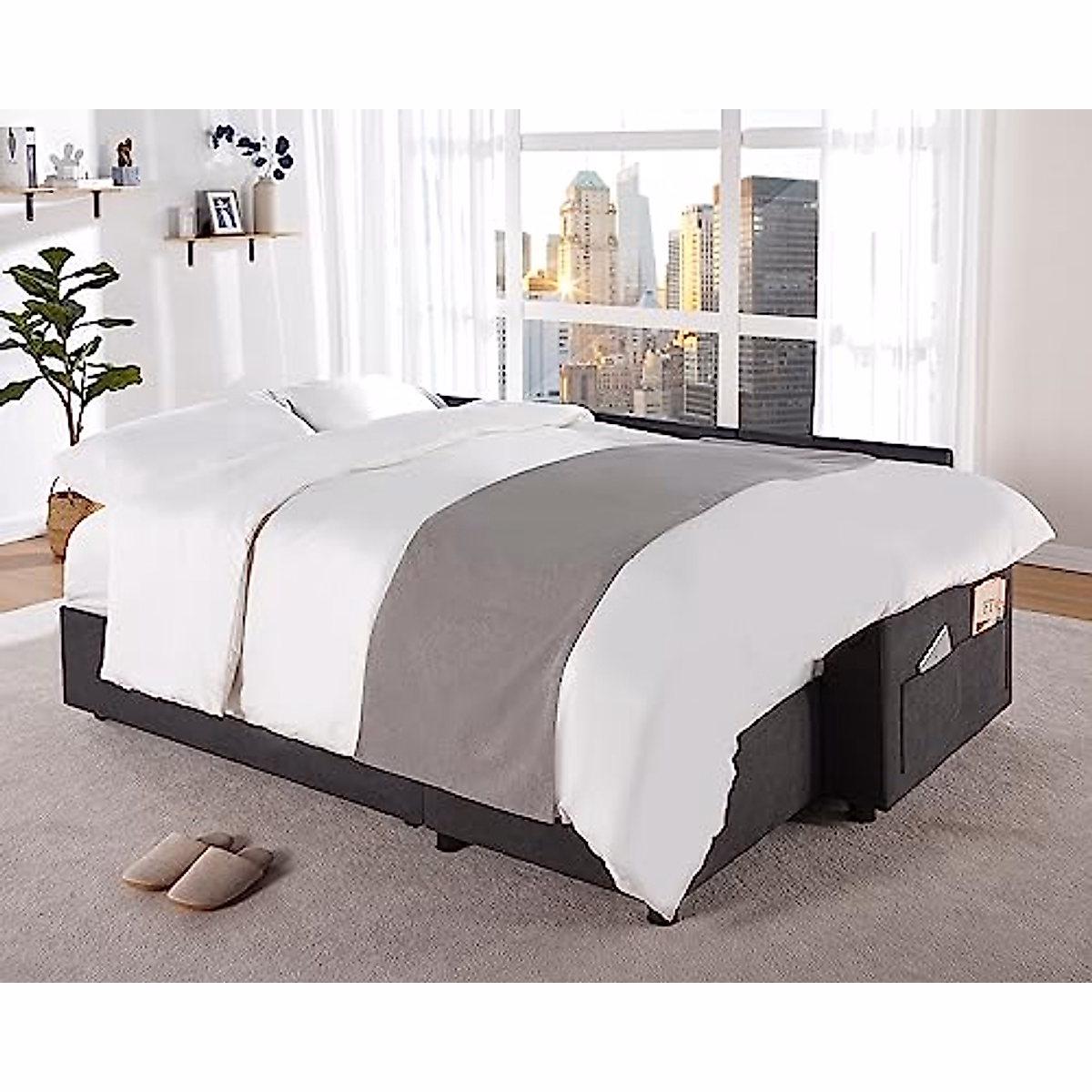 VanAcc Sleeper Sofa, Modern Tufted Convertible Sofa Bed, USB Charging Ports & Cup Holders, L Shaped Sofa Couch with Storage Chaise, Chenille Couches for Living Room (Dark Grey)