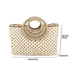 QTKJ Women Summer Retro Straw Bag with Zip Hand-woven Beach Handbag Top Round Handle Boho Tote Bag Shopping and Travel Large Bag (Beige 2)