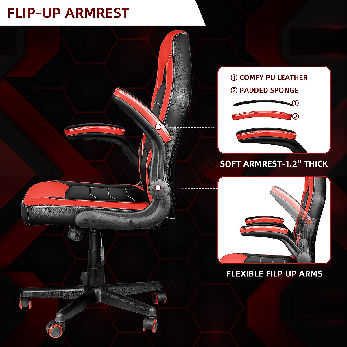 MUZII Office Desk Chairs, Computer Gaming Chairs, Desk Chair with Padded Armrests and Flip-up Armrests Video Game Chairs for Teens, Red