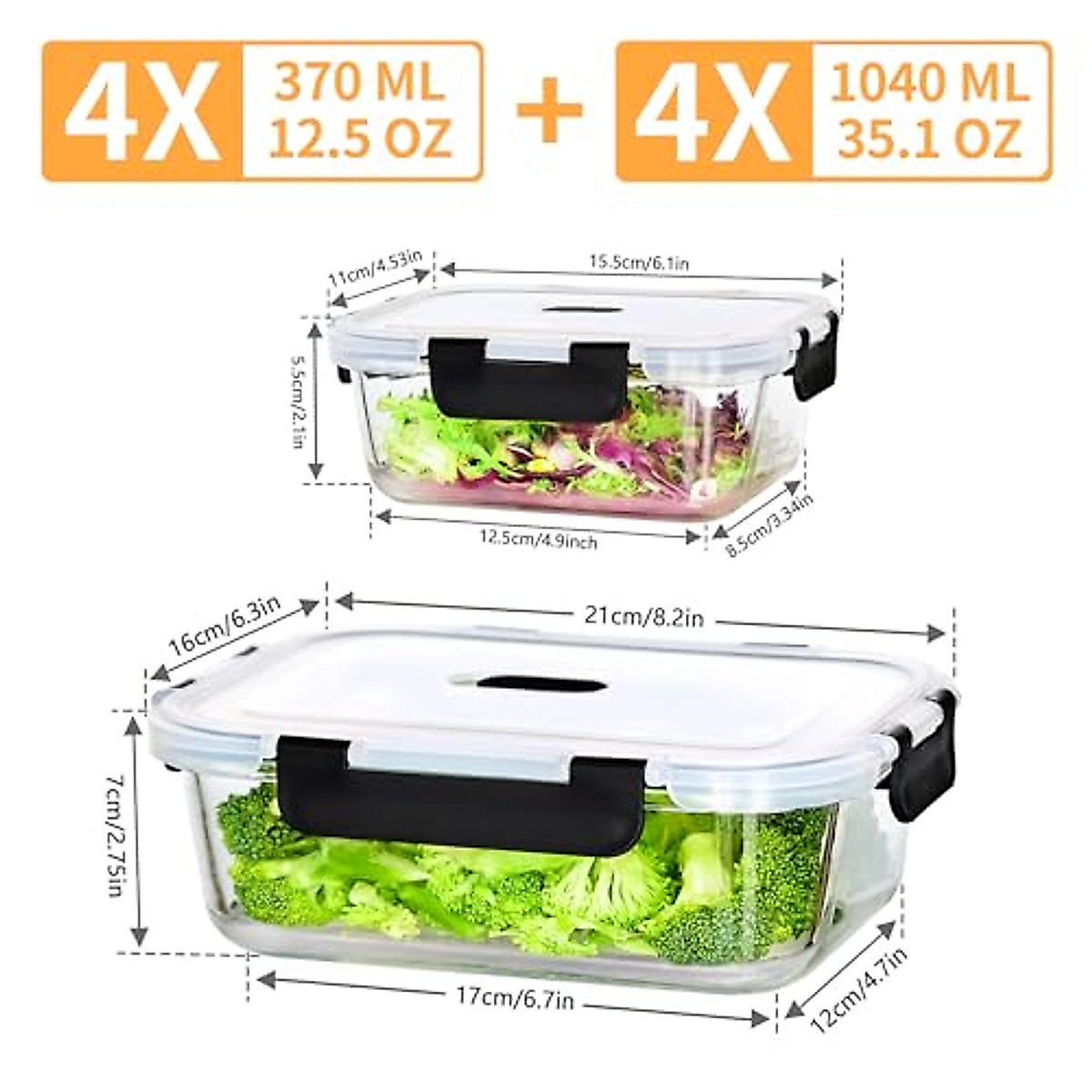 MVDHDT 16 Piece (8 Glass Containers and 8 Lids),12.5+35.1 OZ Black Glass Containers With Lids,Rectangles Meal Prep Containers Reusable Glass,for Microwave, Oven, Freezer and Dishwasher