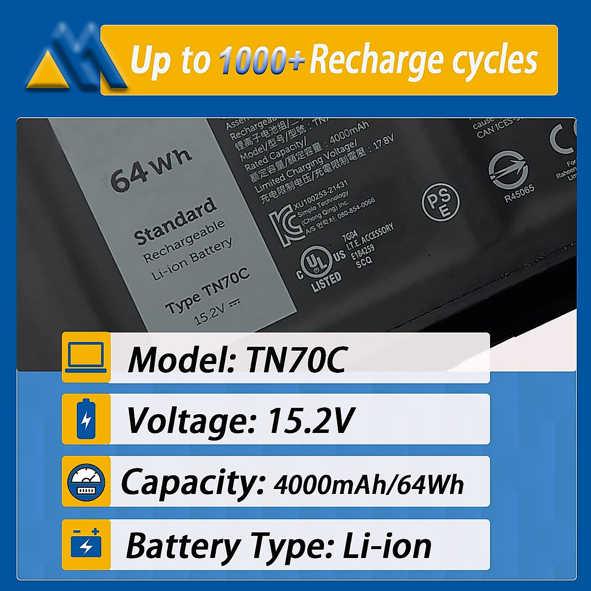 Mobik 64Wh TN70C Battery Replacement for Dell Inspiron 3510 3511 3515 5310 5410 5418 5510 5515 Latitude 3320 3330 3420 3520 Series Vostro 3510 3511 3515 5410 5510 G91J0 V6W33 0WV3K8 15.2V 4000mAh