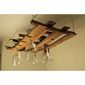 Hanging wine bottle and glass rack made from oak wine barrel staves