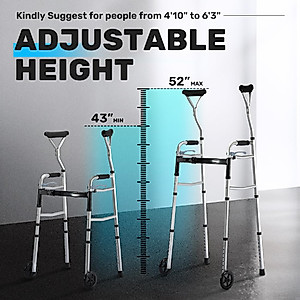 GreenChief Walkers for Seniors, Foldable Standard Walker with Adjustable Width, Folding Walker with Arm Support, 2 Wheels Walker for Elderly Handicapped Disabled (300LB)