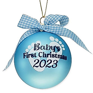 2022 Baby's First Christmas Ornament Keepsake Ball - Resin - 1st Holiday Decoration - Blue Baby Boy - Custom Name Date Birth Info