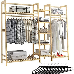 Mostmahes Strong Solid Wood Clothing Garment Rack, Double Rod Hanging Clothes Rack Heavy Duty, Free-Standing Multifunctional Clothing Rack with 10 Pack Hangers (9-Tier)