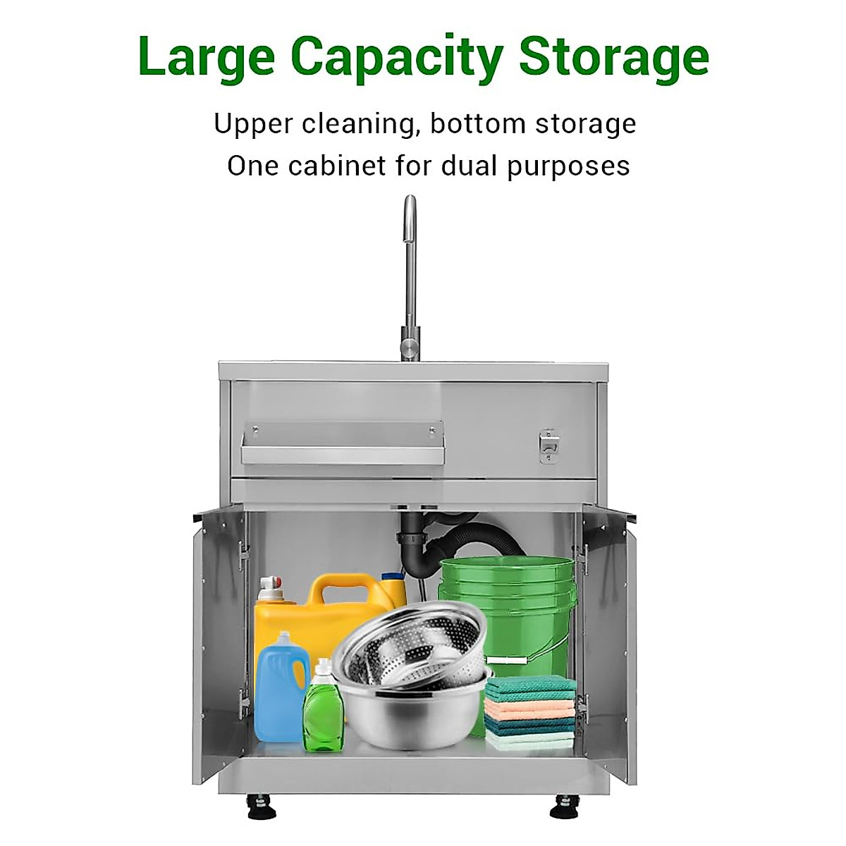 Portable Stainless Steel Sink Station, 32 Inch Single Bowl Kitchen Sink Cabinet, Freestanding Commercial Restaurant Bar Sink with Faucet, Mobile Sink with Hose Hook Up, Bottle Opener and Storage Tray