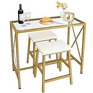 HOOBRO Bar Table Set of 2, 3 Piece Modern Bar Table and Chairs Set, 39.4'' Pub Table Dining Set, Counter Height Table, for Living Room, Kitchen Small Space, Gold and White GD14BT01